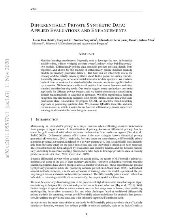 (PDF) Differentially Private Synthetic Data: Applied Evaluations and Enhancements