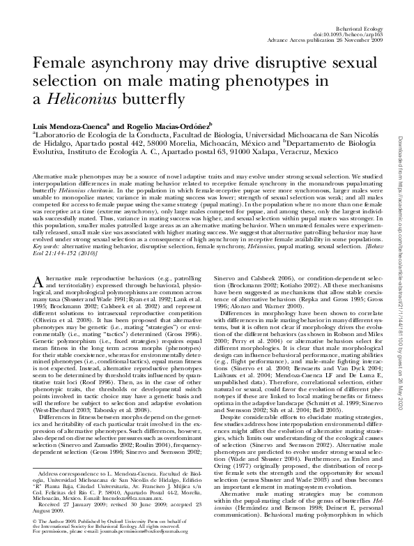 Pdf Female Asynchrony May Drive Disruptive Sexual Selection On Male