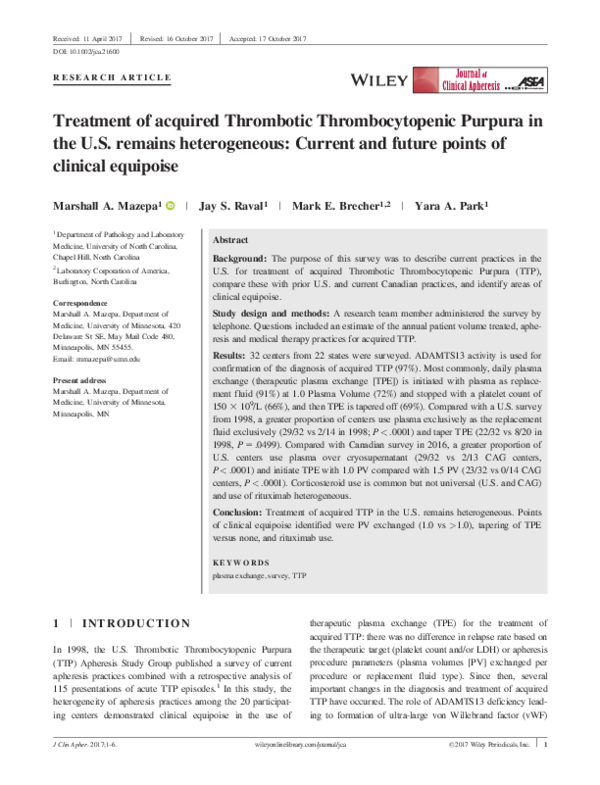 (PDF) Treatment of acquired thrombotic thrombocytopenic purpura (TTP ...