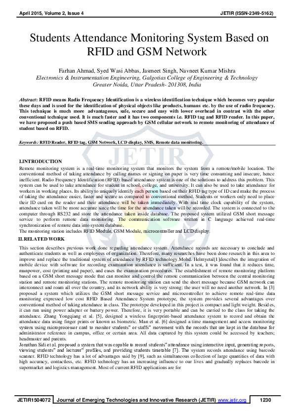 (PDF) Students Attendance Monitoring System Based on RFID and GSM Network