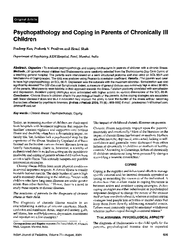 (PDF) Psychopathology and coping in parents of chronically ill Children