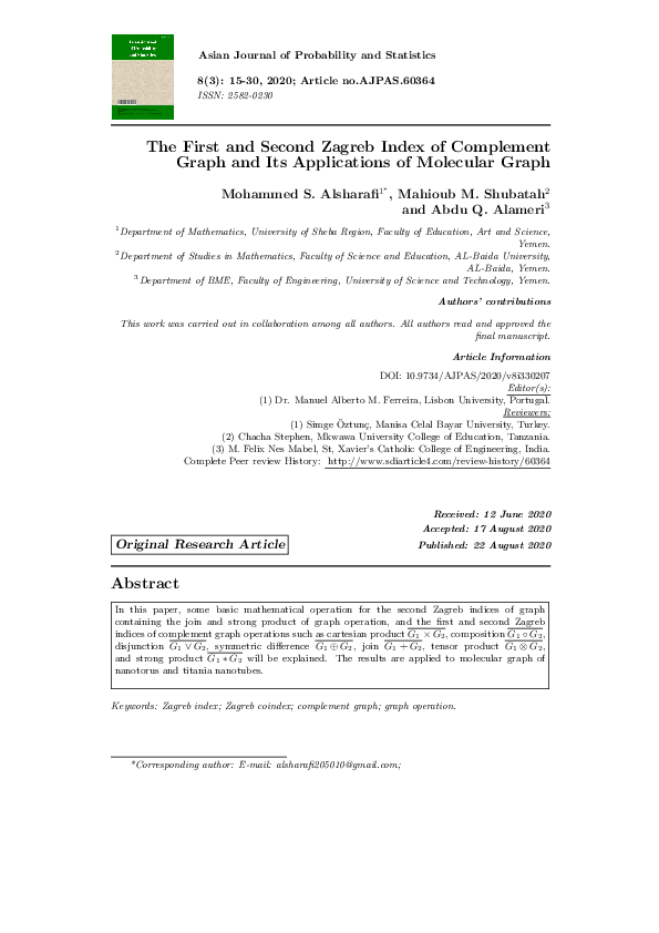 (PDF) The First and Second Zagreb Index of Complement Graph and Its Applications of Molecular Graph