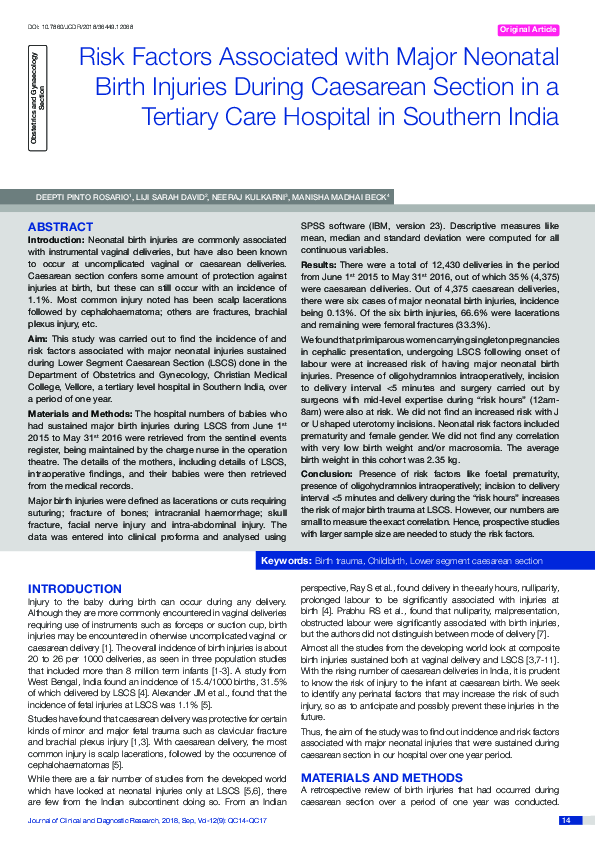 (PDF) Risk Factors Associated with Major Neonatal Birth Injuries During ...