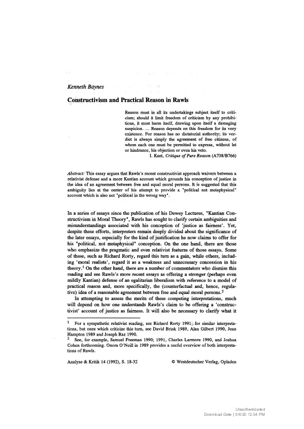 (PDF) Constructivism and Practical Reason in Rawls