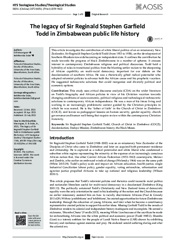 (PDF) The legacy of Sir Reginald Stephen Garfield Todd in Zimbabwean ...