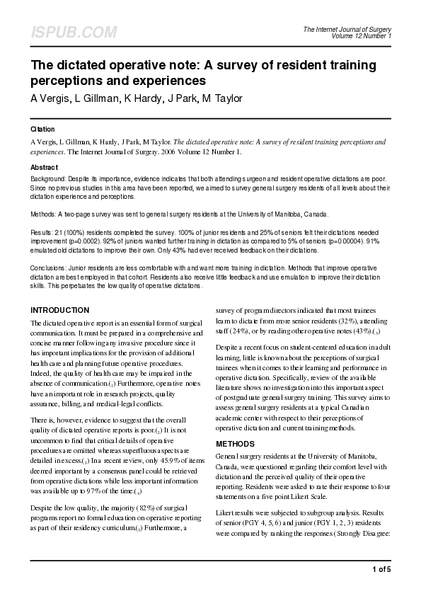(PDF) The dictated operative note: A survey of resident training ...