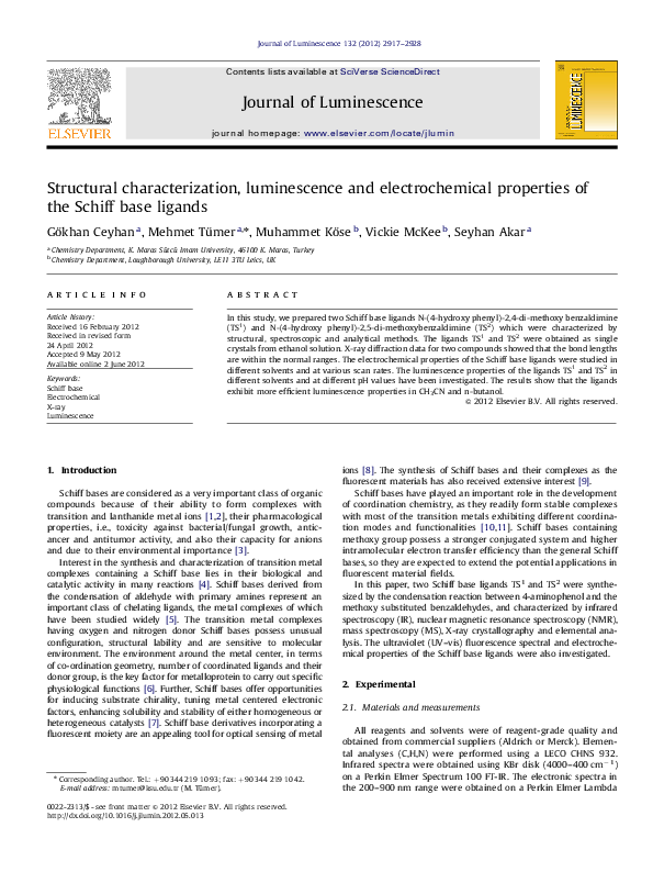 (PDF) Structural characterization, luminescence and electrochemical properties of the Schiff ...