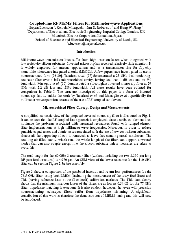 Pdf Coupled Line Rf Mems Filters For Millimeter Wave Applications