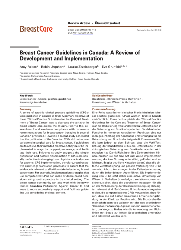 (PDF) Breast Cancer Guidelines in Canada: A Review of Development and ...