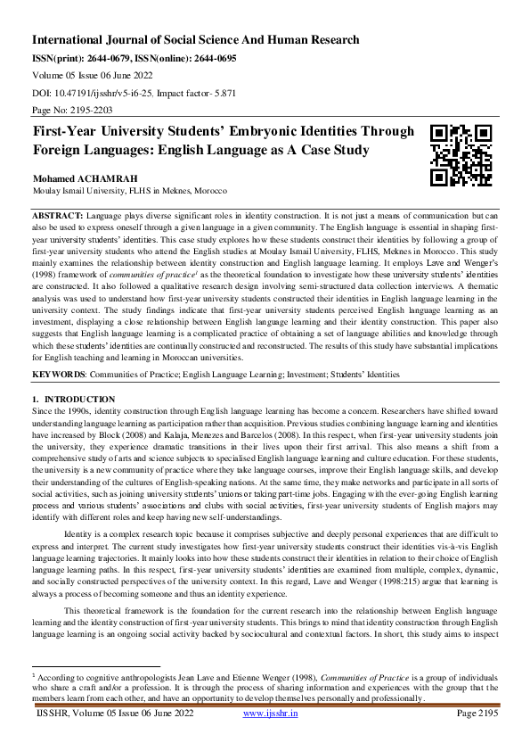 (PDF) First-Year University Students’ Embryonic Identities Through Foreign Languages: English ...