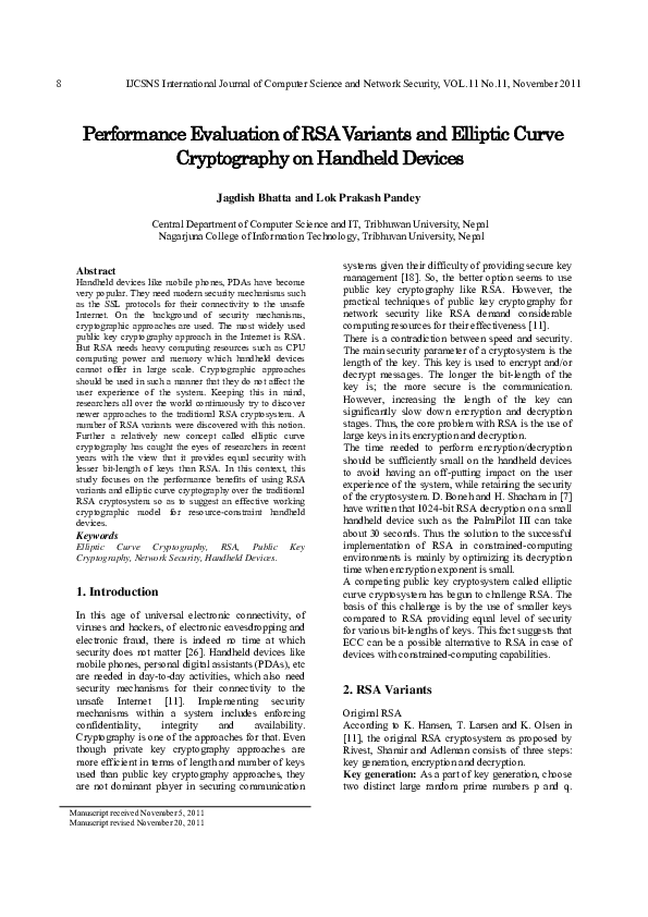 Pdf Performance Evaluation Of Rsa Variants And Elliptic Curve Cryptography On Handheld Devices
