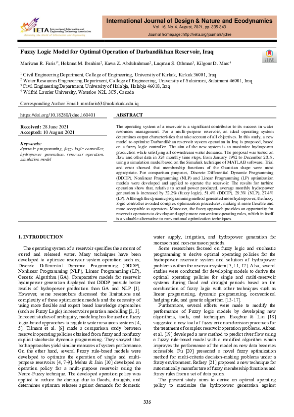 (PDF) Fuzzy Logic Model for Optimal Operation of Darbandikhan Reservoir, Iraq