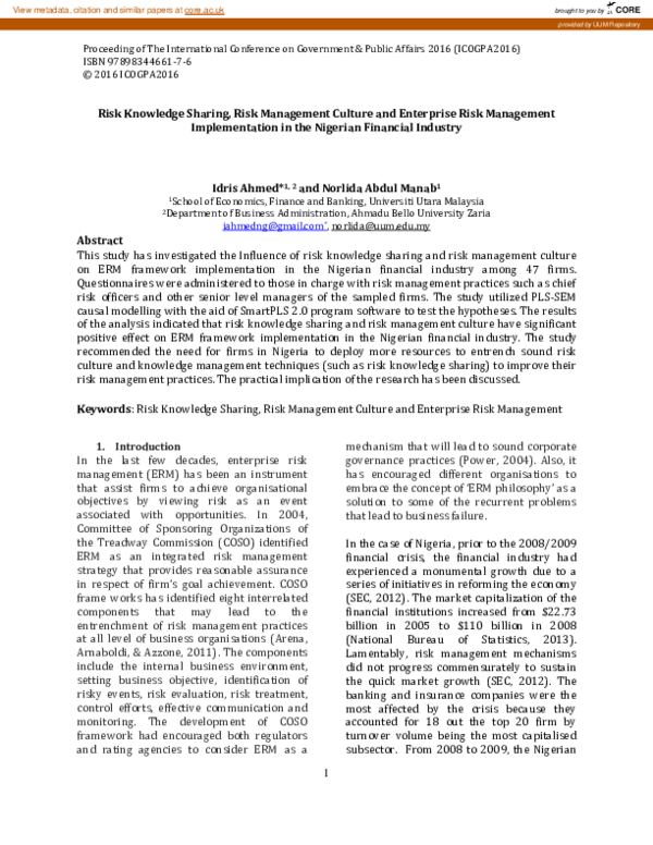 (PDF) Risk knowledge sharing, risk management culture and enterprise risk management ...