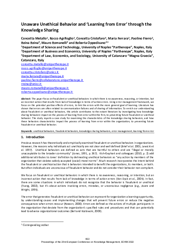 (PDF) Unaware Unethical Behavior and ‘Learning from Error’ through Knowledge Sharing