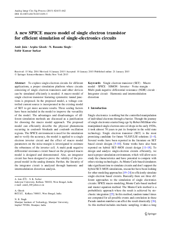 Pdf A New Spice Macro Model Of Single Electron Transistor For Efficient Simulation Of Single