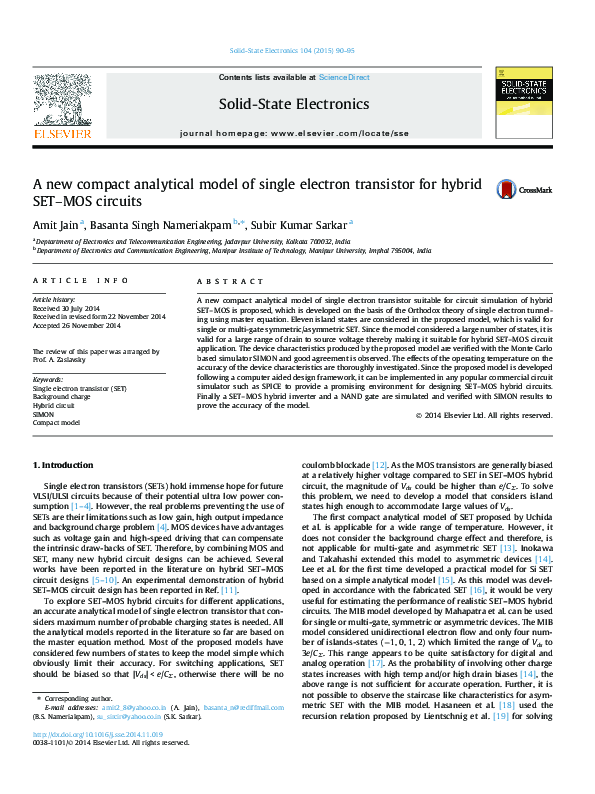 (PDF) A new compact analytical model of single electron transistor for hybrid SET–MOS circuits
