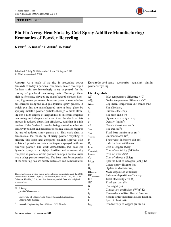 (PDF) Pin Fin Array Heat Sinks by Cold Spray Additive Manufacturing: Economics of Powder Recycling