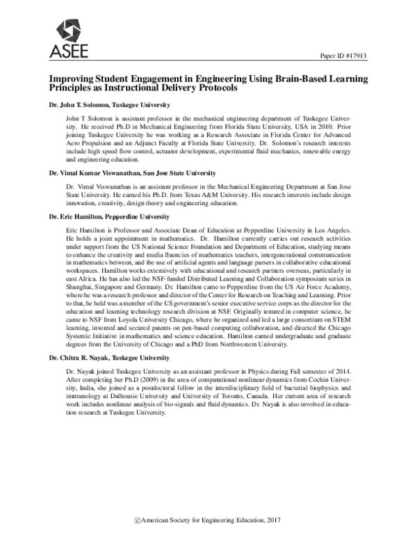 (PDF) Improving Student Engagement in Engineering Using Brain-Based Learning Principles as ...