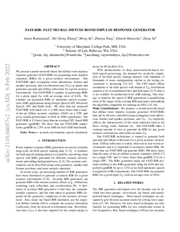 (PDF) Fast-Rir: Fast Neural Diffuse Room Impulse Response Generator
