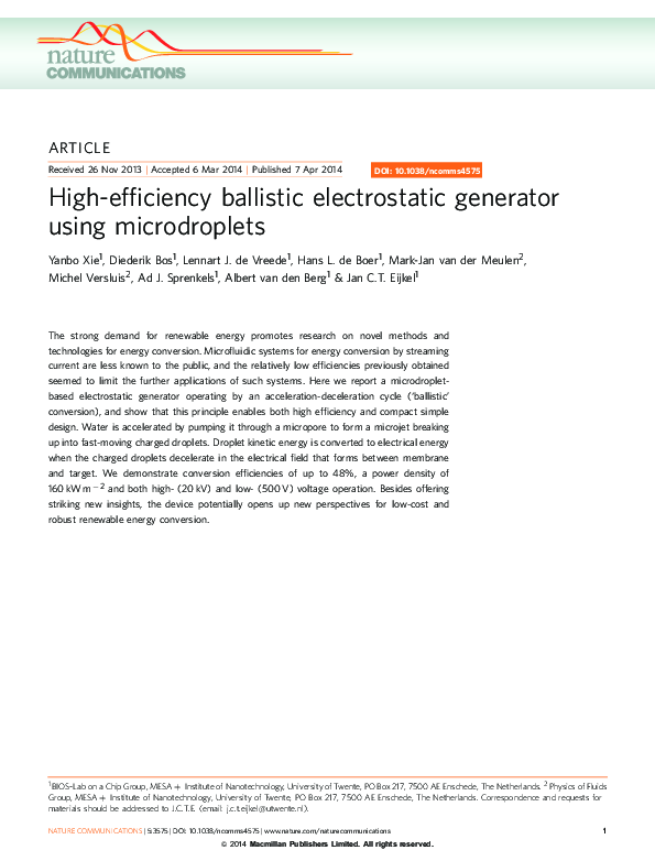 (PDF) High-efficiency ballistic electrostatic generator using microdroplets