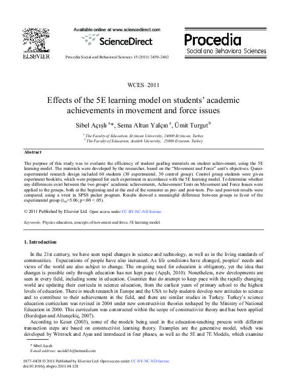 (PDF) Effects of the 5E learning model on students’ academic achievements in movement and force ...