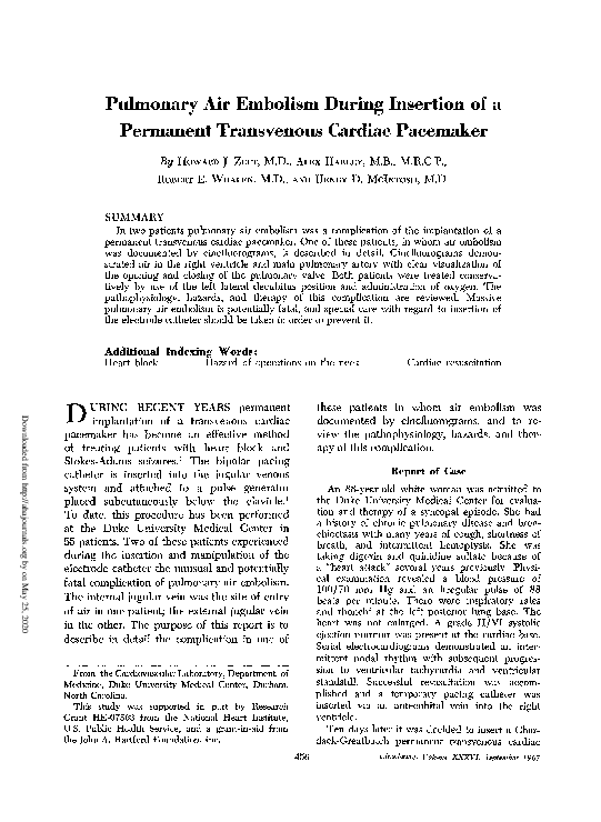 (PDF) Pulmonary Air Embolism During Insertion of a Permanent Transvenous Cardiac Pacemaker