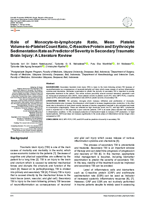 (PDF) Role of Monocyte-to-lymphocyte Ratio, Mean Platelet Volume-to-Platelet Count Ratio, C ...