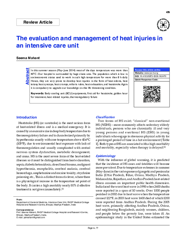 (PDF) The evaluation and management of heat injuries in an intensive ...