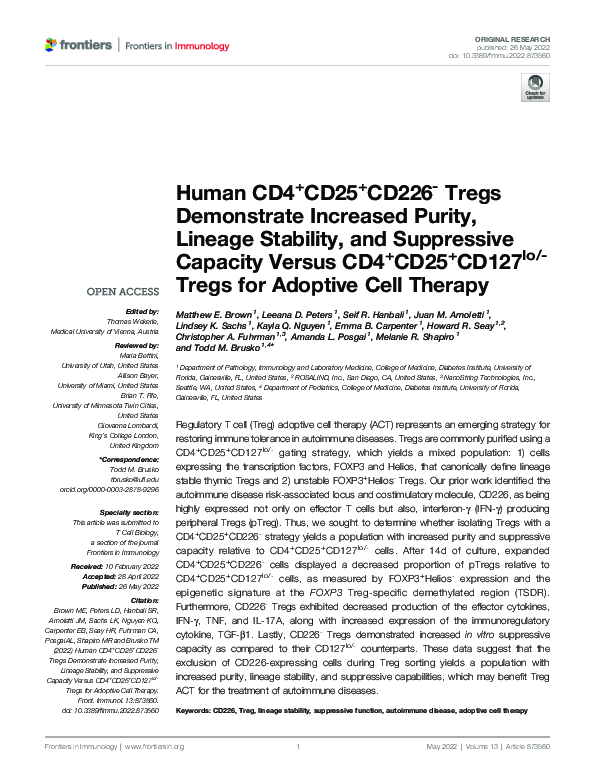 (PDF) Human CD4+CD25+CD226- Tregs Demonstrate Increased Purity, Lineage ...