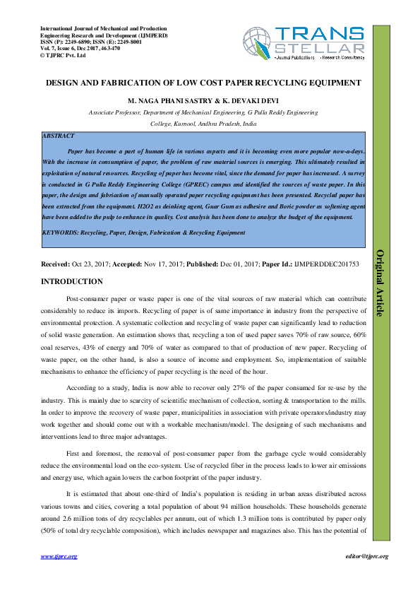 (PDF) Design and Fabrication of Low Cost Paper Recycling Equipment ...