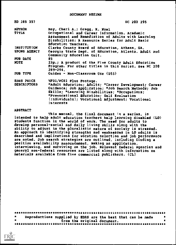 (PDF) Occupational and Career Information. Academic Assessment and ...