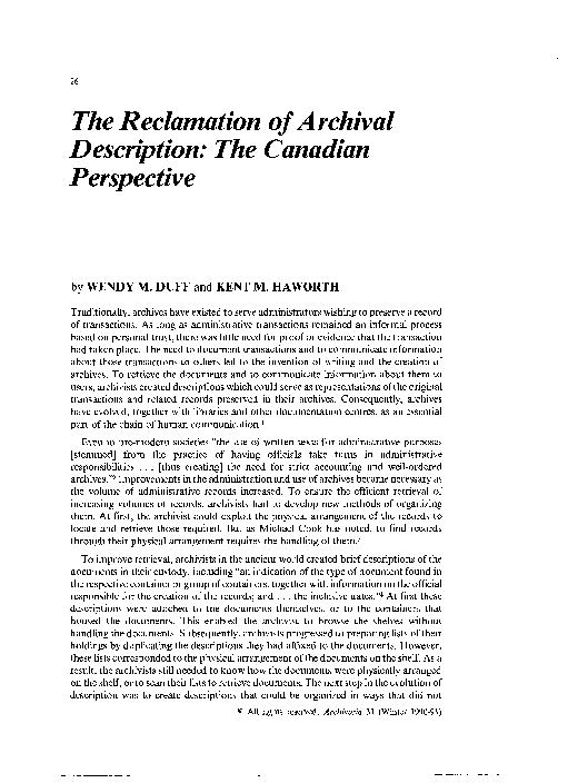 (PDF) The Reclamation of Archival Description: The Canadian Perspective