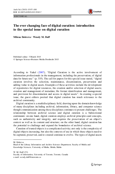 (PDF) The ever changing face of digital curation: introduction to the special issue on digital ...