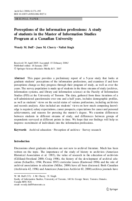 (PDF) Perceptions of the information professions: A study of students in the Master of ...