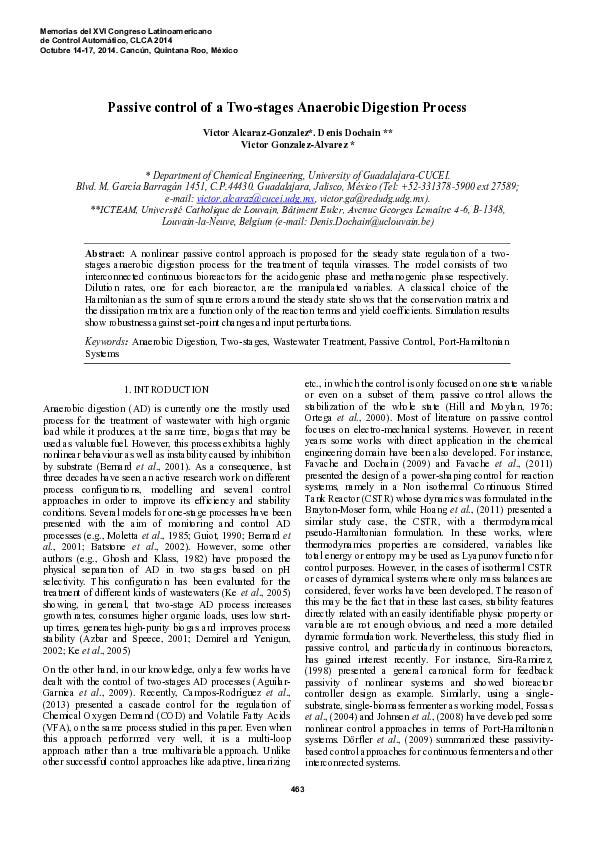 (PDF) Passive control of a Two-stages Anaerobic Digestion Process