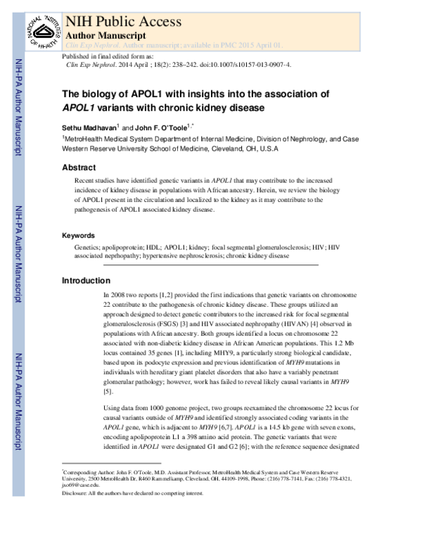 (PDF) The biology of APOL1 with insights into the association between ...