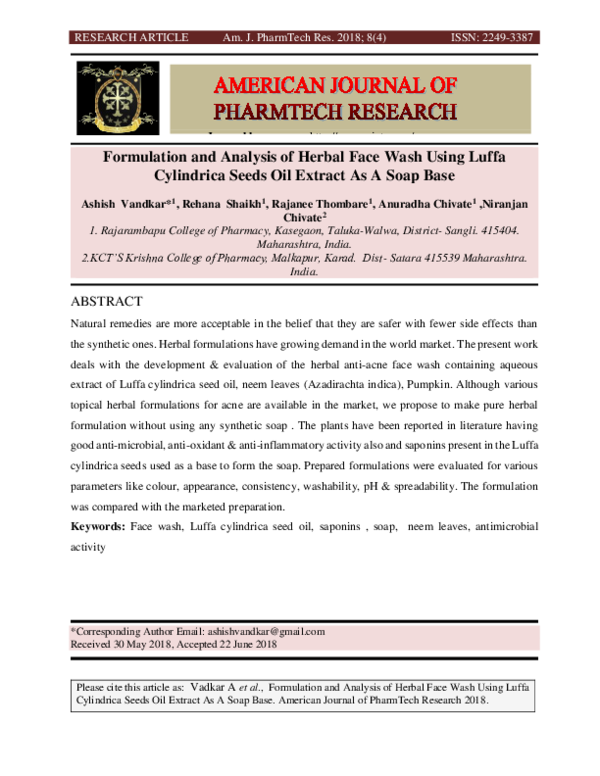 (PDF) Formulation and Analysis of Herbal Face Wash Using Luffa ...
