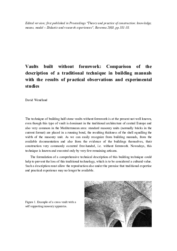 (PDF) Vaults built without formwork: Comparison of the description of a traditional technique in ...