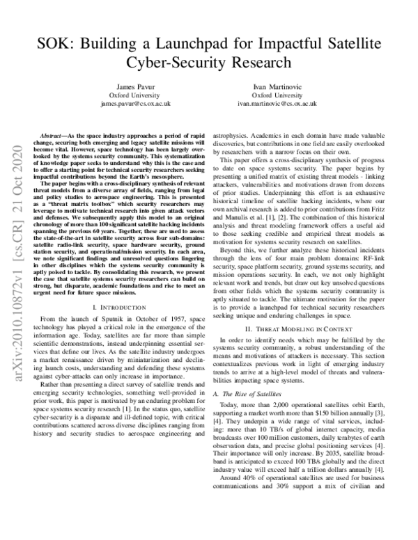 (PDF) SOK: Building a Launchpad for Impactful Satellite Cyber-Security Research