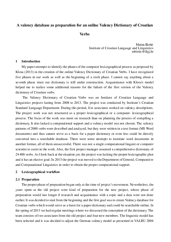 (PDF) A valency database as preparation for an online Valency Dictionary of Croatian Verbs