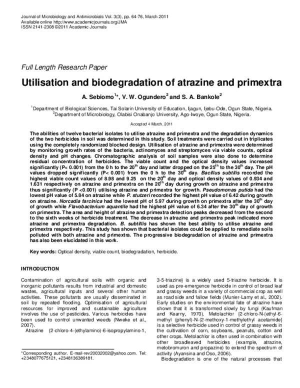 (PDF) Utilisation and biodegradation of atrazine and primextra | Adewole Sebiomo - Academia.edu