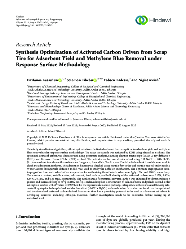 (PDF) Synthesis Optimization of Activated Carbon Driven from Scrap Tire for Adsorbent Yield and ...