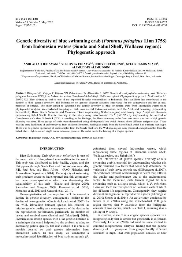 (PDF) Genetic diversity of blue swimming crab (Portunus pelagicus Linn ...