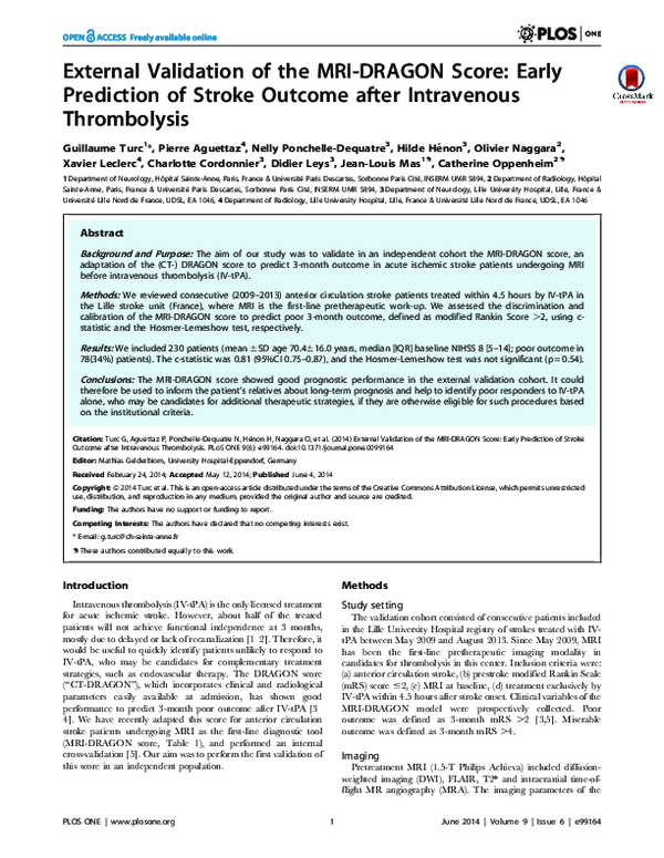 (PDF) External Validation of the MRI-DRAGON Score: Early Prediction of ...