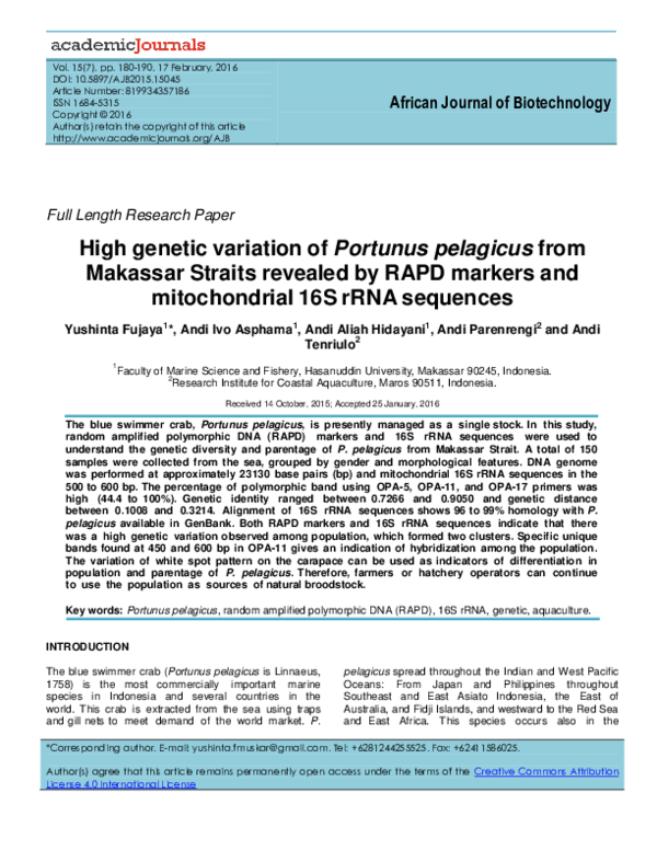 (PDF) High genetic variation of Portunus pelagicus from Makassar ...