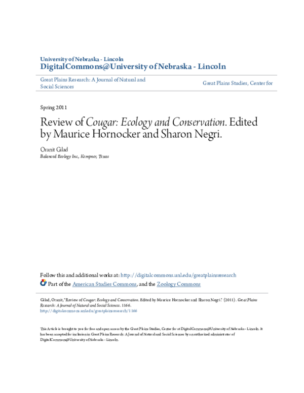 (PDF) Review of Cougar: Ecology and Conservation . Edited by Maurice ...