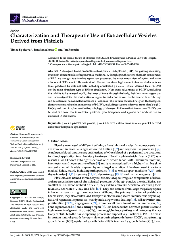 (PDF) Characterization and Therapeutic Use of Extracellular Vesicles Derived from Platelets ...