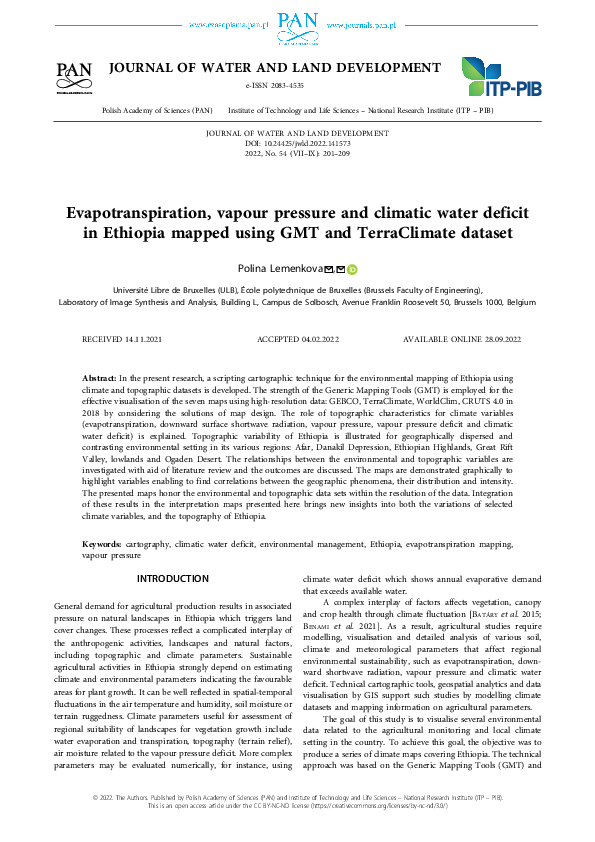 (PDF) Evapotranspiration, vapour pressure and climatic water deficit in Ethiopia mapped using ...