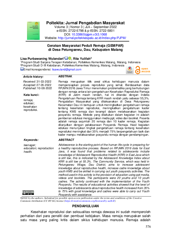 (PDF) Gerakan Masyarakat Peduli Remaja (GEMPAR) di Desa Petungsewu, Dau, Kabupaten Malang