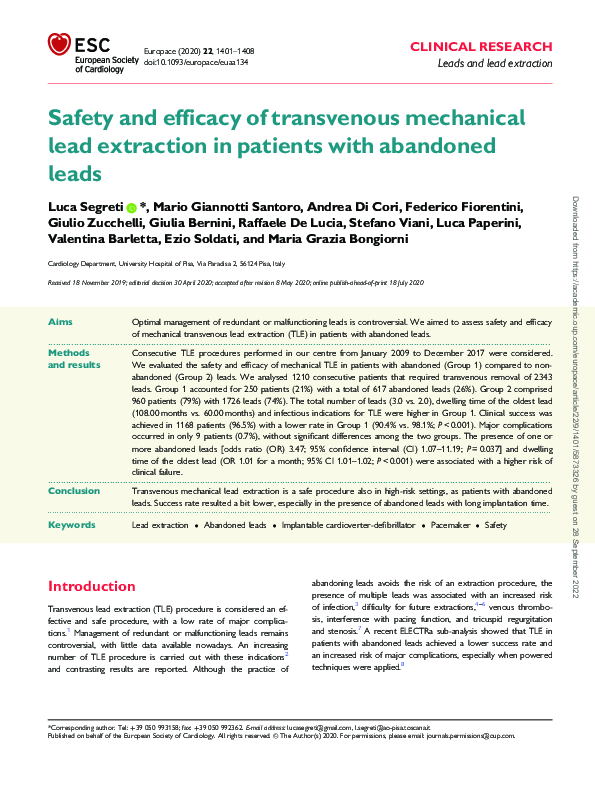 (PDF) Safety and efficacy of transvenous mechanical lead extraction in ...